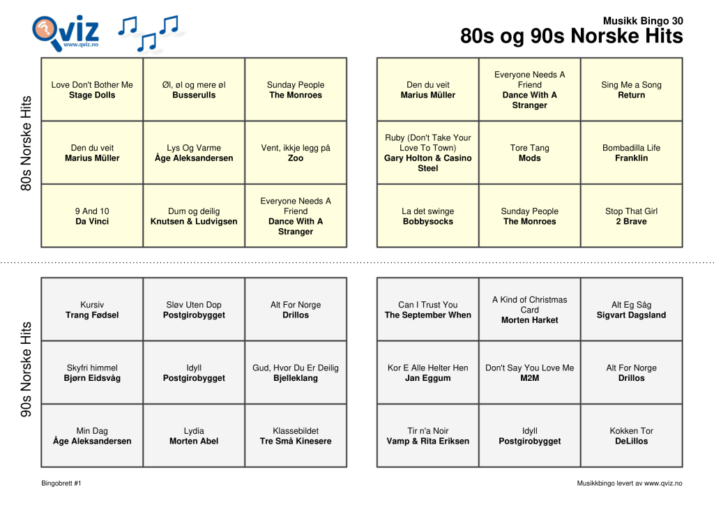 80s og 90s Norske Hits - Musikk Bingo 30 2i1 - Qviz