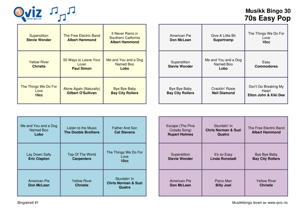 70s Easy Pop - Musikk Bingo 30 - Qviz
