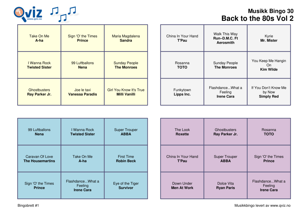 Back to the 80s Musikk Bingo - Qviz