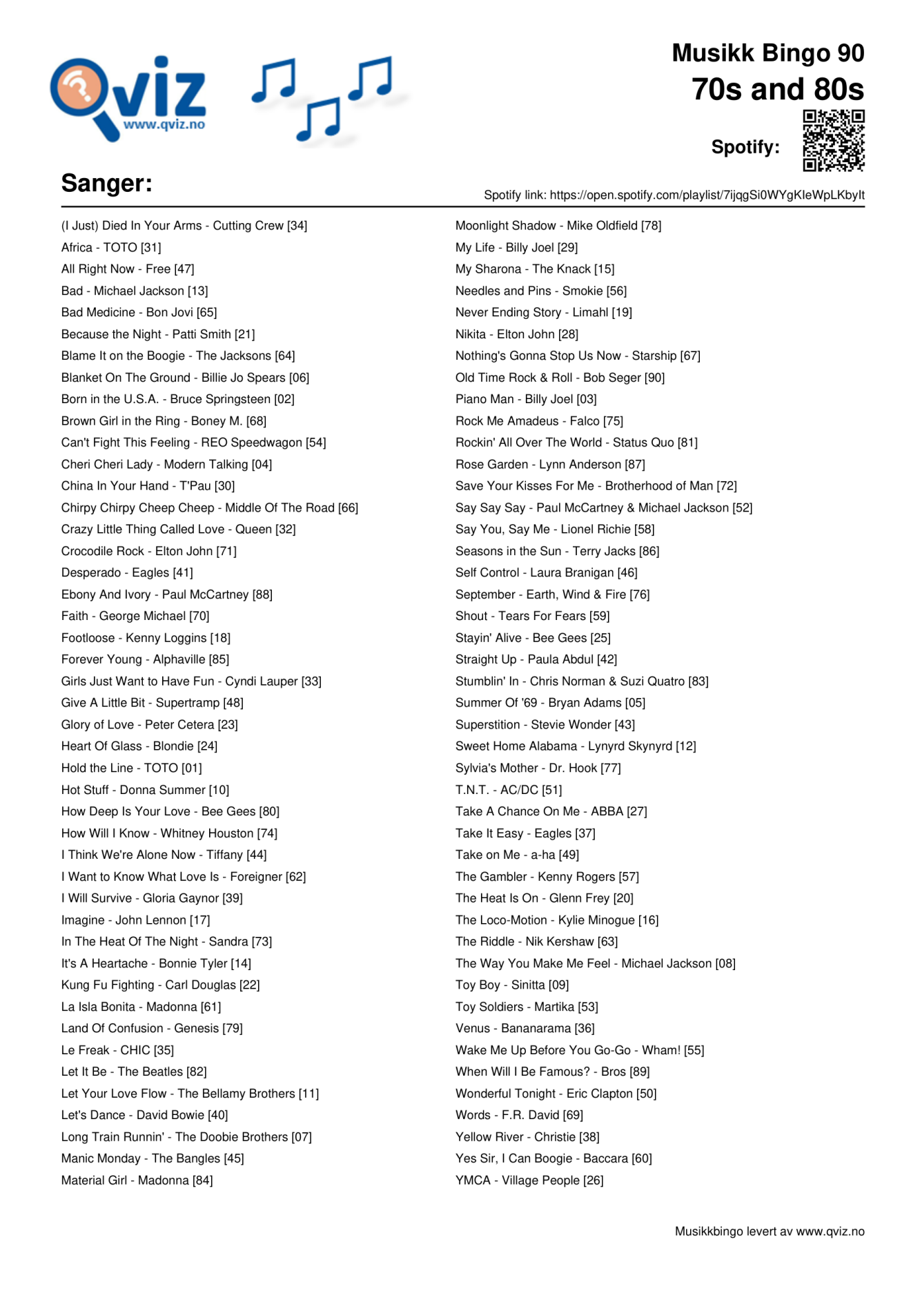 70s and 80s - Musikk Bingo 90 - Qviz